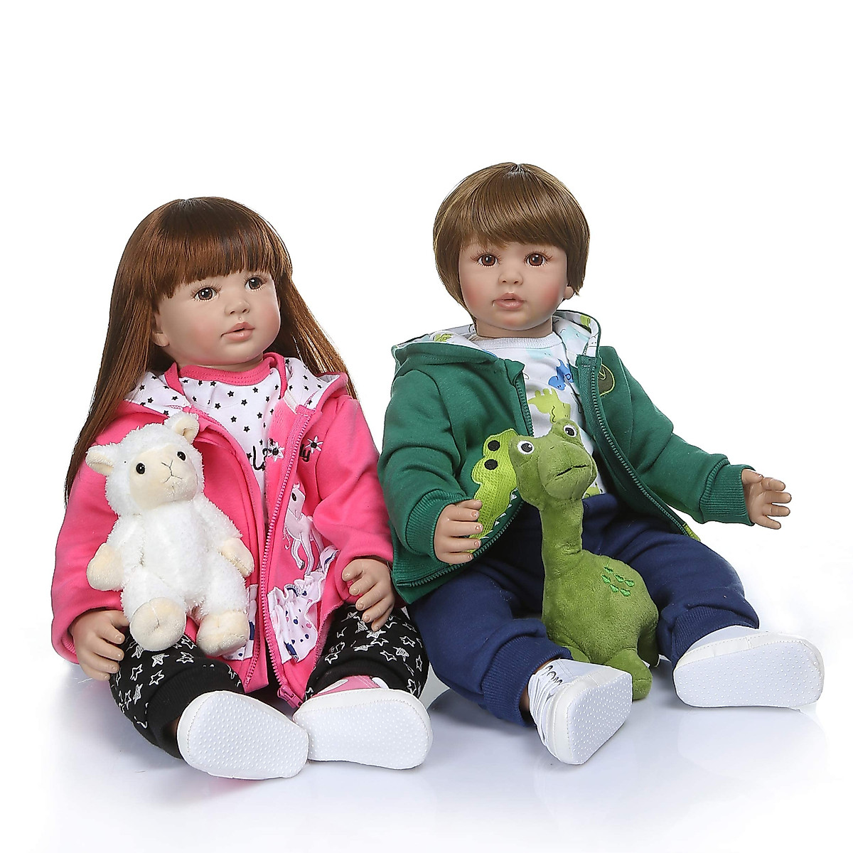 iCradle Angelbaby Reborn Baby Dolls Toddlers Twins Boy and Girl Realistic Soft Silicone 24 inch Brown Hair Newborn Child Dolls Toys Toddler Size Gifts Set 2 pcs