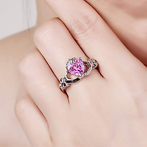 Emsione 925 Sterling Silver Plated Created Pink Topaz Heart Cut CZ Claddagh Celtic Ring Eternity Anniversary Wedding Engagement Band Ring Size 8