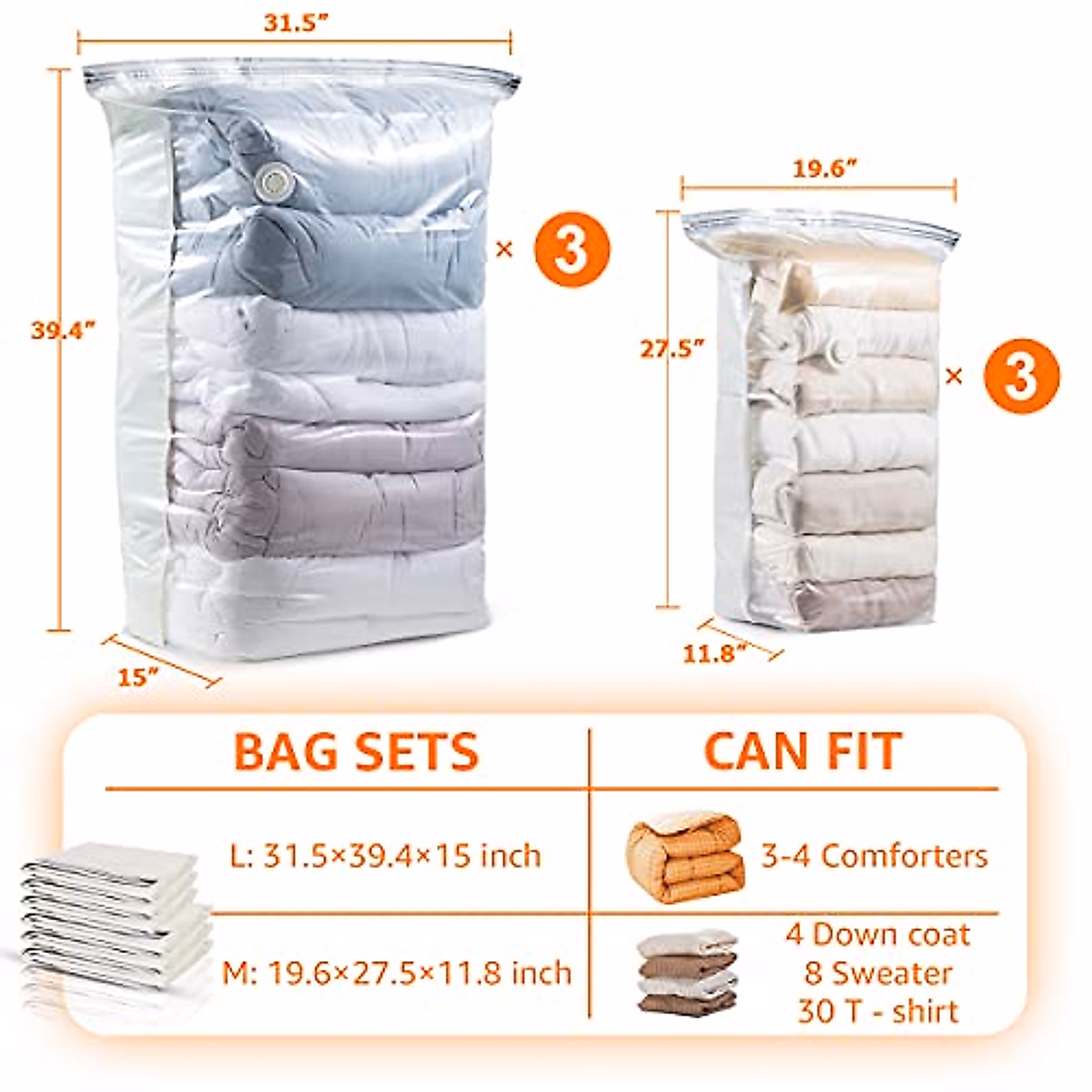 Cube Vacuum Storage Bags Space Saver Vacuum Seal Bags Large Compressed Vacuum Bags for Comforters, Blanket, Clothes, Bedding, Sheet, Pillow, Closet Organizers (3 Medium, 3 Large)
