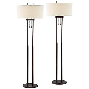 Franklin Iron Works Roscoe Modern 62" Tall Standing Floor Lamps Set of 2 Lights Twin Pole Pull Chain Brown Roman Bronze Finish Living Room Bedroom House Reading Office Home Decor Entryway Dining