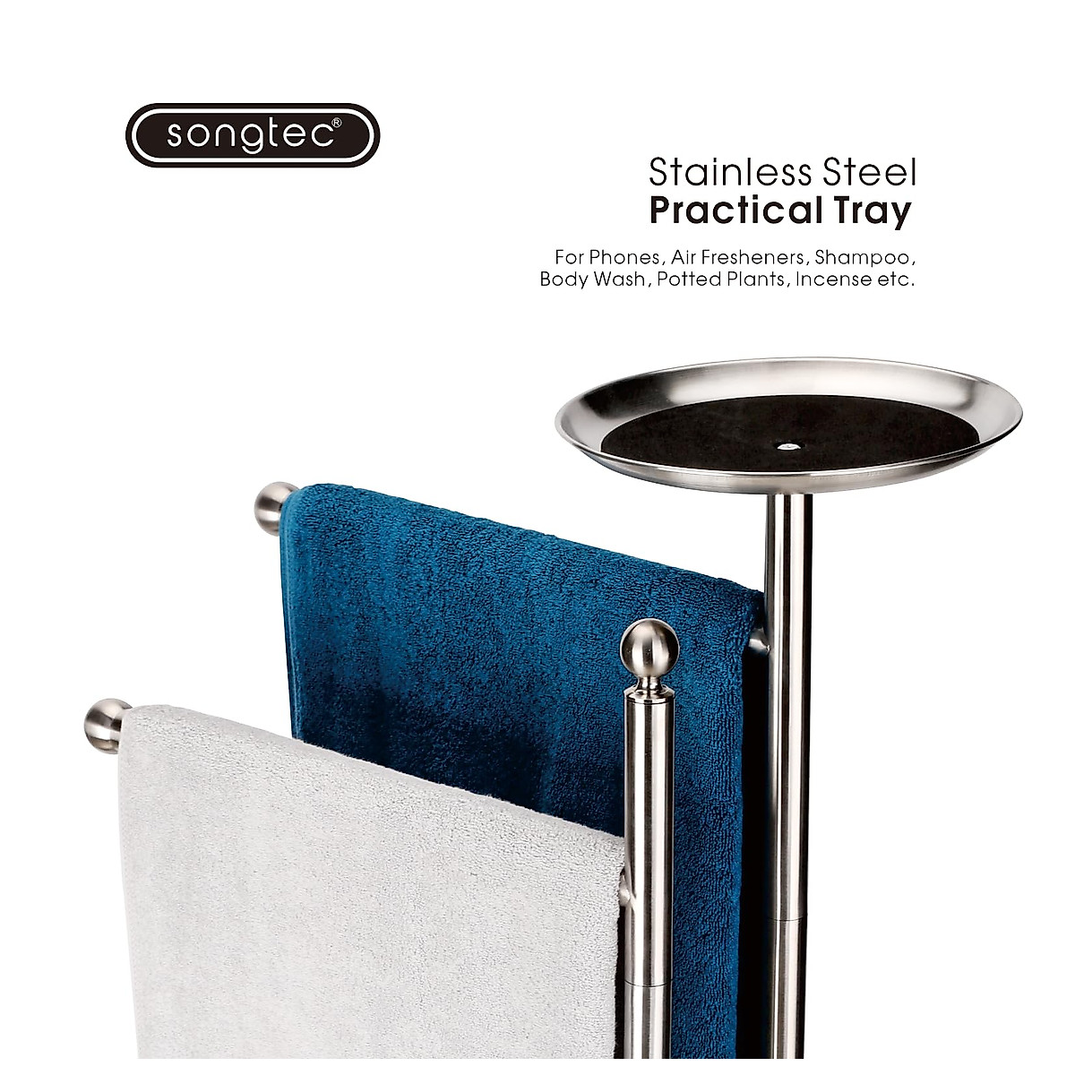 Songtec Towel Rack Stand for Bathroom, 2-Tier Towel Holder Stand for Bath Towels Max to 68” & 60” Long, Practical Shelf on Top for Phone, Shampoo, Body Wash