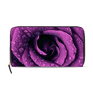 AGONA Womens Wallet Purple Dark Rose Floral Wallet for Women Long Wallet PU Leather Zip Around Phone Clutch Handbag Card Holder Purse Girls Men