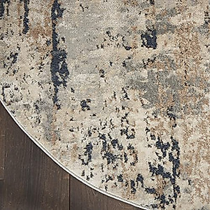 Nourison Concerto Beige/Grey 7'10" x roundArea Rug, Abstract, Distressed, Easy Cleaning, Non Shedding, Bed Room, Living Room, Dining Room, Kitchen, (8' Round)