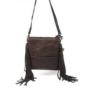 Texas West Western Genuine Leather Cowhide Fur Fringe Women's Medium Size Crossbody Bag in 3 Colors (Coffee)