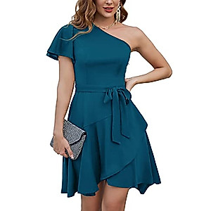 GRACE KARIN Women's One Shoulder Dress Flared Short Sleeve A-Line Cocktail Short Dress for Wedding Guest Teal Blue M