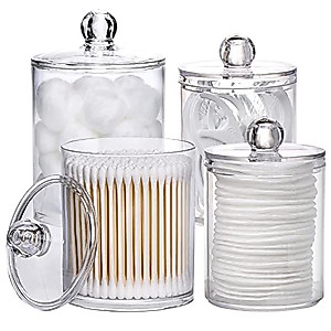 Tbestmax 4 Pack Qtip Holder - 10 oz, 12 oz Restroom Bathroom Organizers and Storage Containers, Clear Plastic Apothecary Jars with Lids for Cotton Ball, Cotton Swab, Cotton Round Pads, Floss