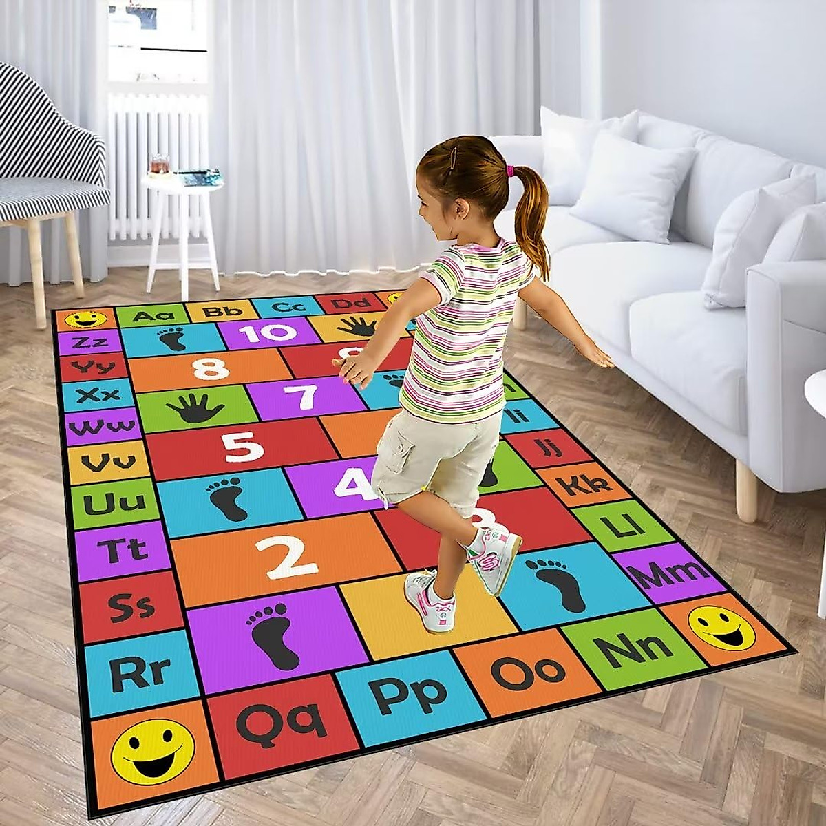 Kid Hopscotch Play Rug, ABC Alphabet Number Educational Carpet, Playroom Classroom Mat Non-Slip Washable (Red 31x47 in)