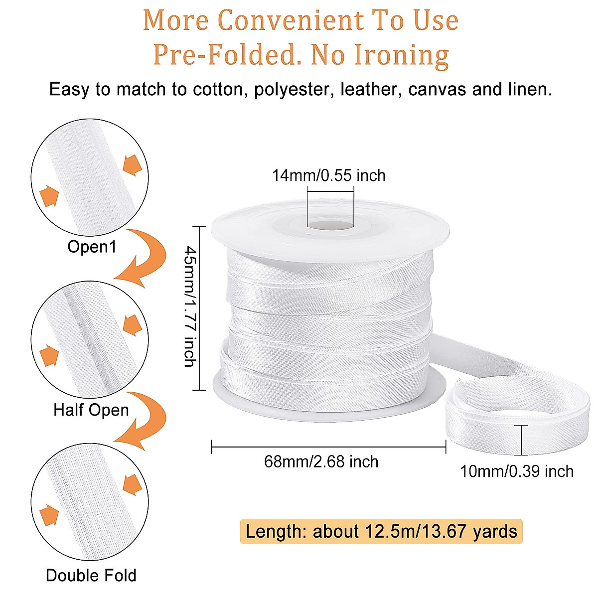 BENECREAT 13.5 Yard Satin Bias Tape 3/8 Inch Double Fold Satin Binding Bias Ribbon for Cheongsam Decoration, Clothing Seaming Piping, White