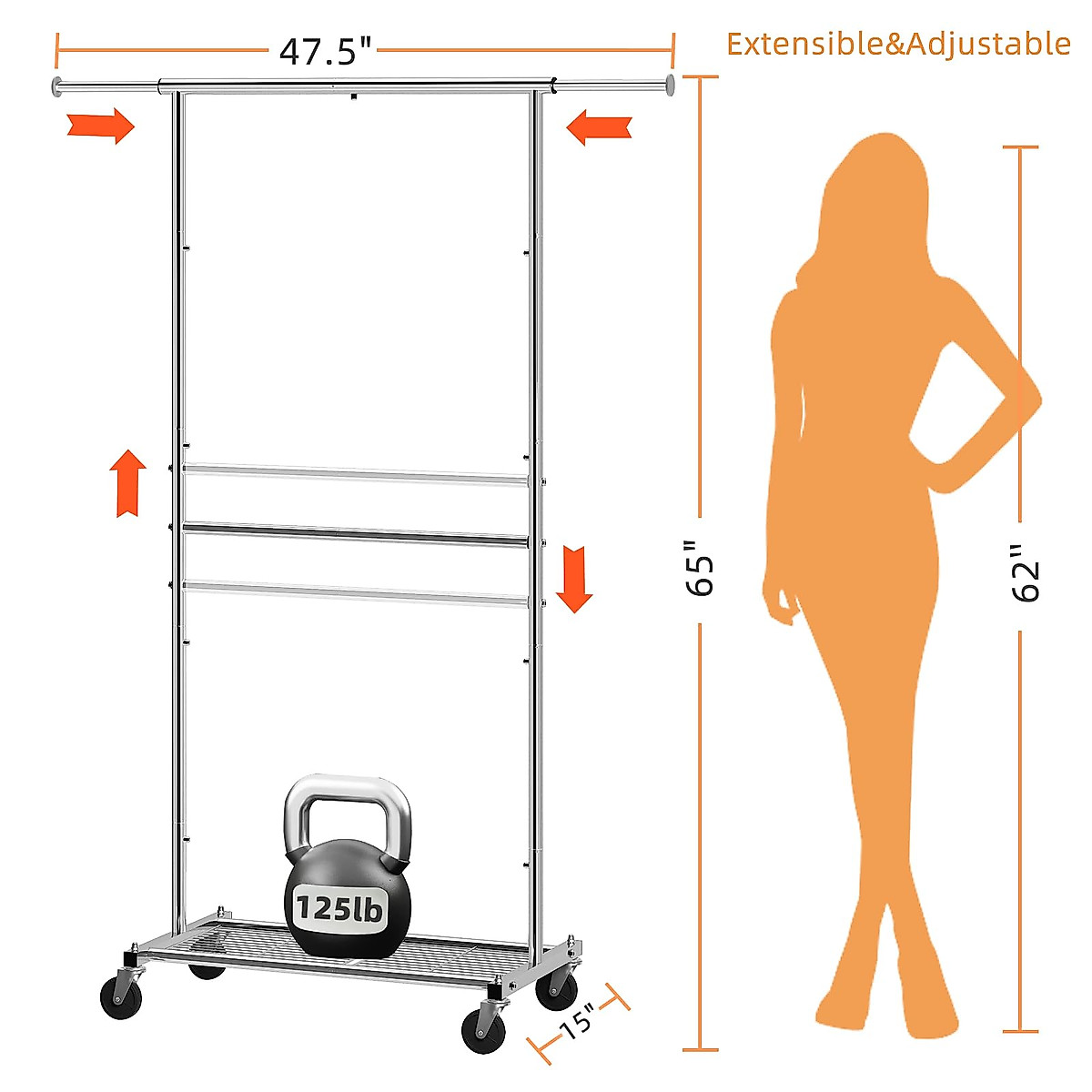 Simple Trending Standard Clothing Garment Rack, Rolling Clothes Organizer with Wheels and Bottom Shelves, Extendable, Chrome