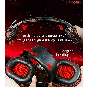 5 CORE Gaming Headset for PS4 PC One PS5 Console Controller, Noise Cancelling Microphone Over Ear Stereo Headphones with Mic, LED Light, Bass Surround, Earmuffs for Laptop Mac NES Games HDP GM1 R