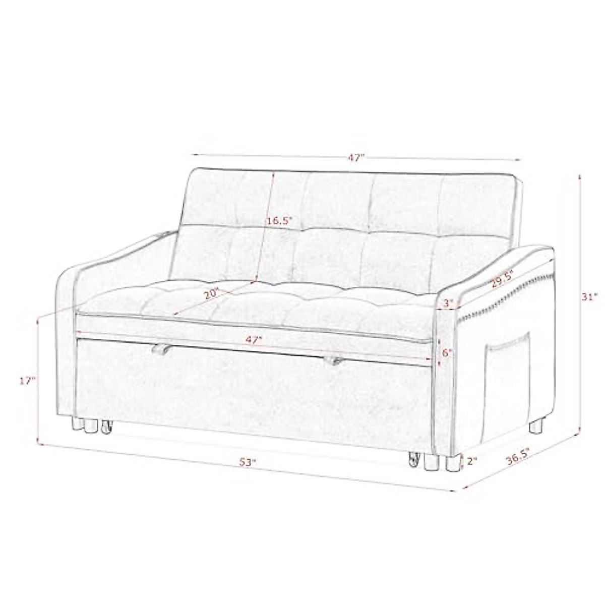 Convertible Pull Out Sleeper Sofa Bed,Multi-Functional Adjustable Single Couch Chair,Velvet Upholstered Chaise Lounge Loveseat Sofá Daybed,Sofacama with Two Arm Pocket,Type C,USB Charging,Copper Nail