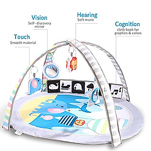 Baby Play Gym, Baby Play Mat Activity Gym with 2 Visual Replaceable Washable Mat Covers and 5 Toys Visual, Hearing, Touch, Cognitive Development for Baby to Toddler