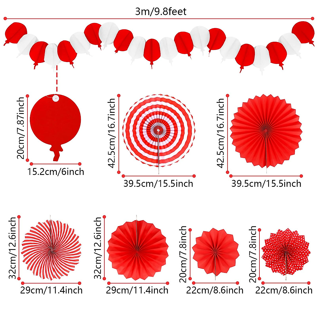 Recosis Red Party Decorations, Papar Fans Pompoms Fans Garlands for Birthday Bridal Baby Shower Wedding Graduation New Years Valentine's Day Party Decorations
