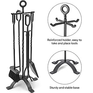 Amagabeli 5 Pieces Fireplace Tools Sets Wrought Iron Indoor Fireplace Set with Poker Tongs Broom Shovel Stand Fire Tools Outdoor Rustic Fire Poker Set Fire Place Hearth Accessories Sets Antique Pewter