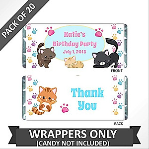 Cat Party Favors for Kids Birthday, Personalized Candy Wrappers for Chocolate, Pack of 20 Custom Hershey Bar Labels