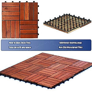 10 PCs Acacia Wood 12x12 inches, Interlocking Deck Tiles Outdoor All Weather, 12 Slats (Teak-9pcs)