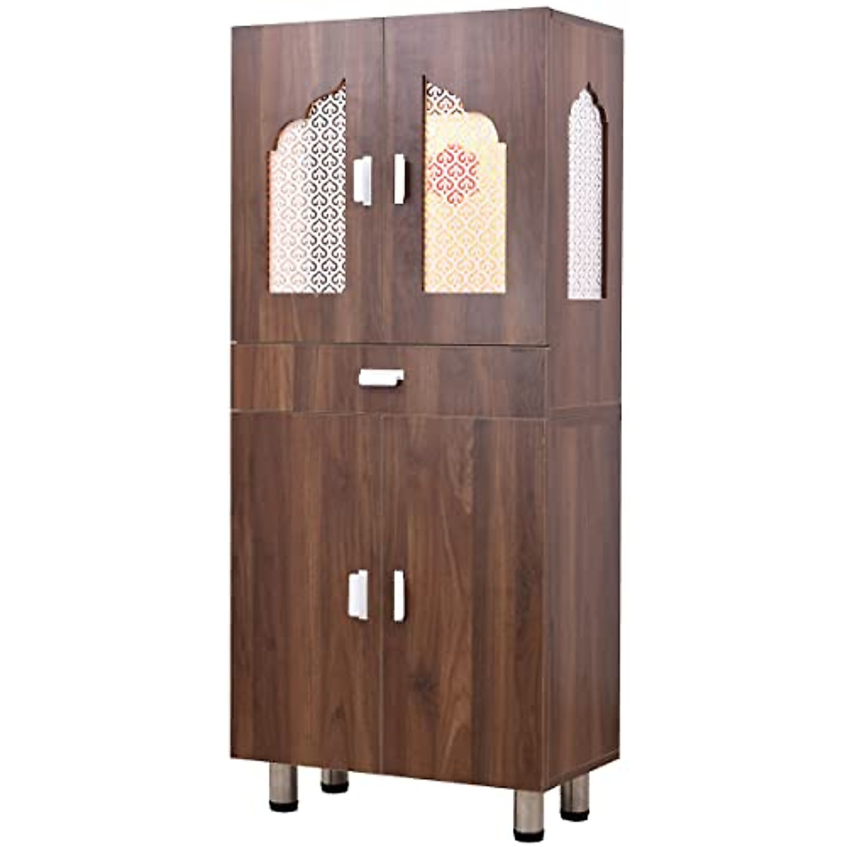The Mandir Store Wooden Mandir with Doors Led Lights Storage Cabinet in Walnut Colour