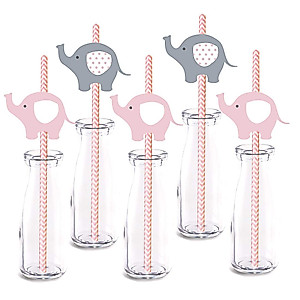 Pink Elephant Party Straw Decor, 24-Pack Girl Baby Shower Birthday Party Supply Decorations, Paper Decorative Straws