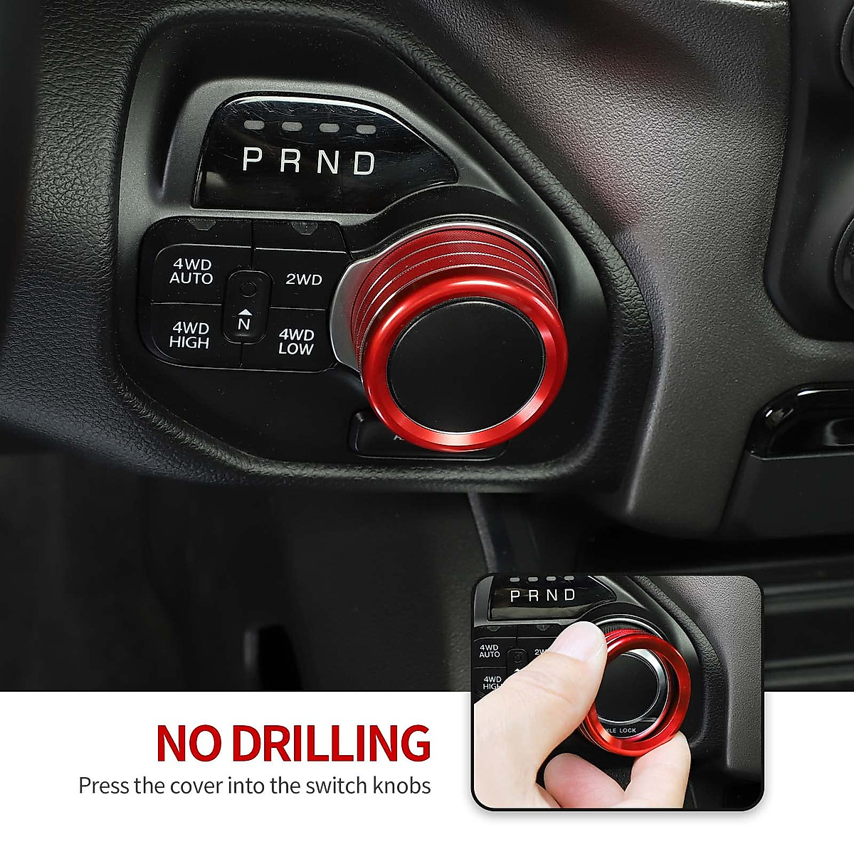 CheroCar for Dodge RAM Aluminum Center Console 4WD Switch Knob Button Cover for 2018-2023 Dodge RAM,Red…