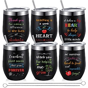 6 Pieces Teacher Gifts Teacher Tumbler Bulk 12oz Stainless Steel Teacher Wine Glass with Lids and Straws Teacher Appreciation, Birthday Gifts for Daycare, Preschool, Kindergarten Teacher