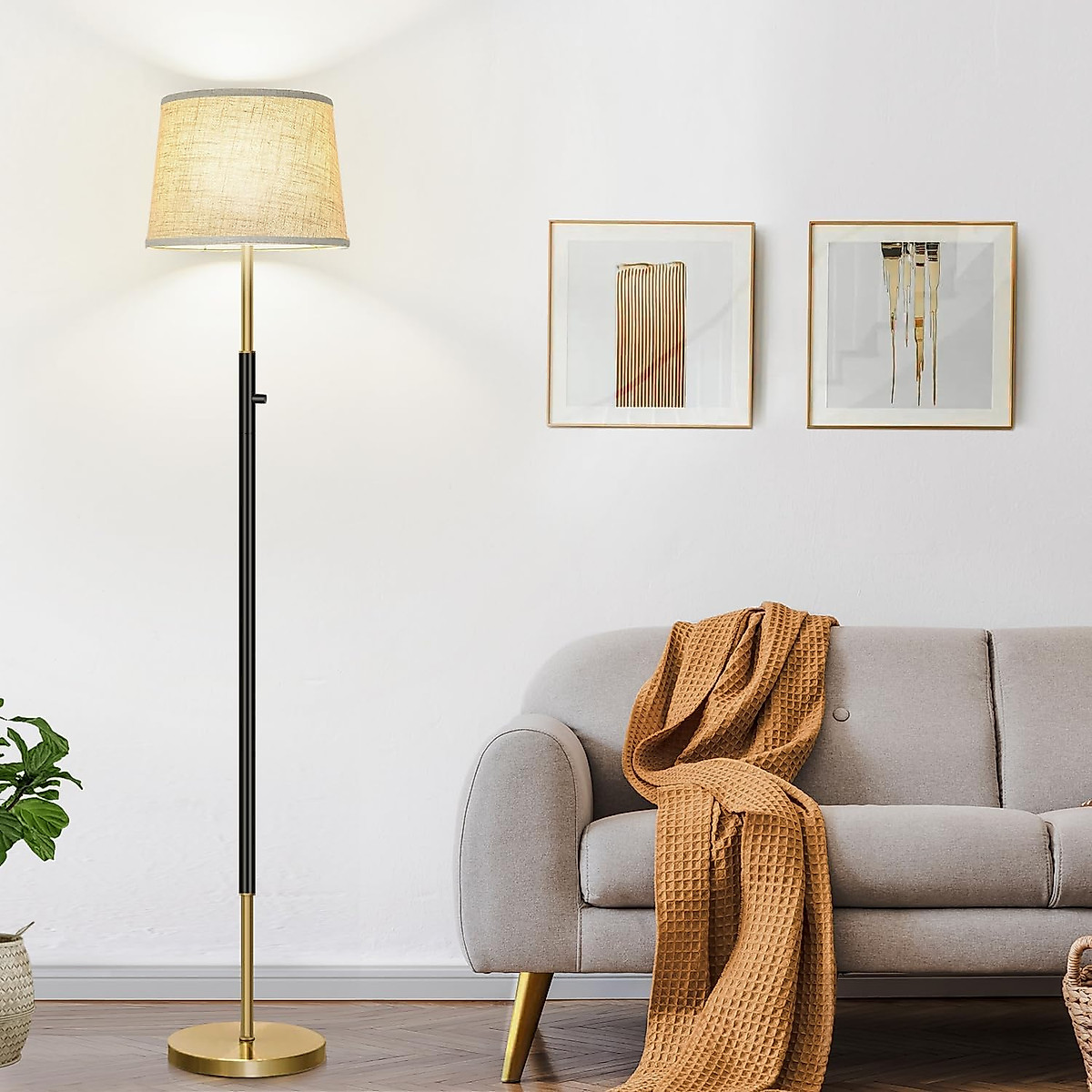 Dimmable Floor Lamp, 1100 Lumens LED Bulb Included, Gold Floor Lamps for Living Room Modern Standing Lamp with Natural Linen Shade, Tall Lamp for Living Room Bedroom Office Reading Dining Room