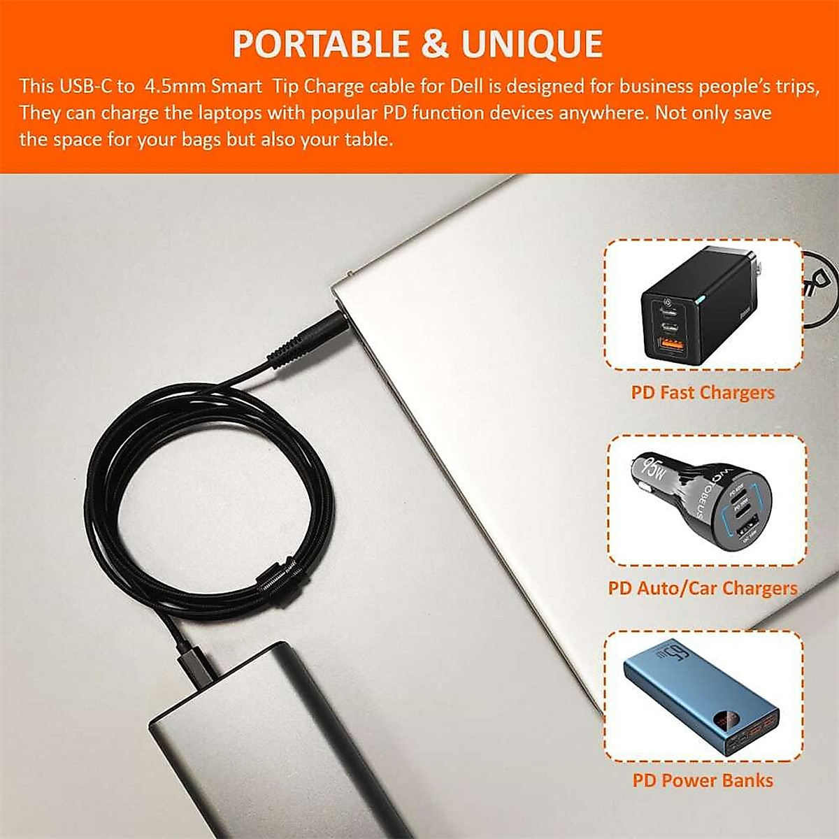 RAINSUNG USB C to Smart Tip Charging Cable for Dell Laptop Charger 45W 65w 90W 4.5mm Connector for Inspiron 11 13 14 17 15 3000 5000 7000-Nylon Braided 1.8m