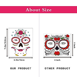 Temporary Face Tattoo, 8 Kits Tattoos Sugar Skull Stickers Day of The Dead Makeup, Face Tattoo Rose Design for Halloween, Masquerade and Parties