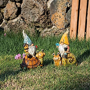 TERESA'S COLLECTIONS Garden Gnomes Statues Decorations for Yard Decor, Set of 2 Cute Gnomes Sitting on Snail & Turtle Garden Gift for Outdoor Yard Patio Lawn Ornaments Housewarming 7.5 Inch