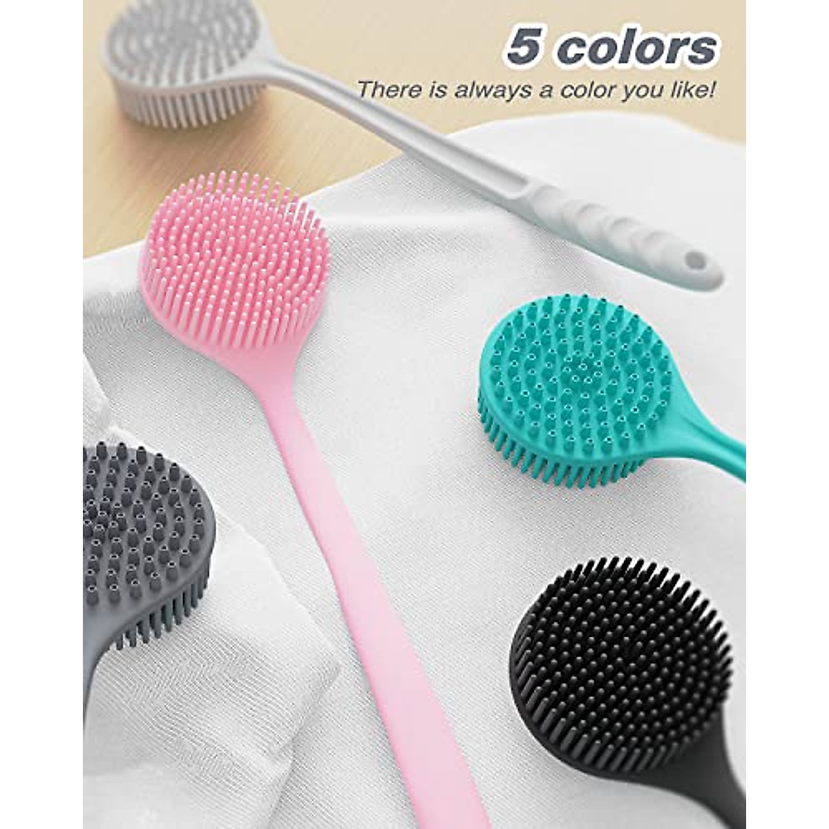 ManmiHealth Silicone Back Scrubber for Shower(Thick Bristles), Body Scrubber with 15'' Long Handle, Light & Easy-to-Hold Shower Brush for Skin Exfoliating and Massaging, Not Good in Lathering.(Black)