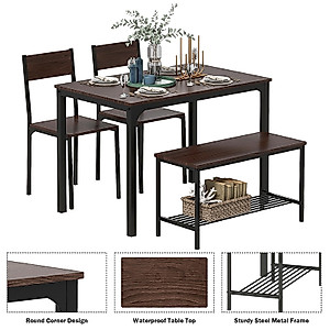 SogesGame Dining Table Set for 4, 43" Dining Room Table with Bench and 2 Chairs, 4 Pieces Modern Kitchen Table Set for Breakfast Nook, Dinette, Kitchen and Dining Room, Dark Walnut
