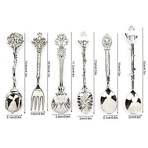6Pcs Teaspoon Set, Small Vintage Retro Royal Zinc Alloy Dessert Spoon with Fork Silverware Tableware Coffee Spoon for Home Kitchen Cafe Sugar Stir Ice Cream Cake