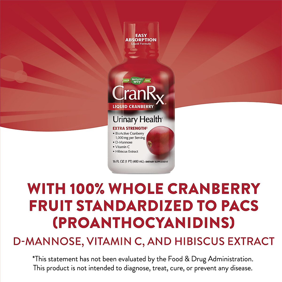 Nature's Way CranRx Extra Strength Cranberry 1,000 mg, D-Mannose + Vit C + Hibiscus, 16 fl. oz.