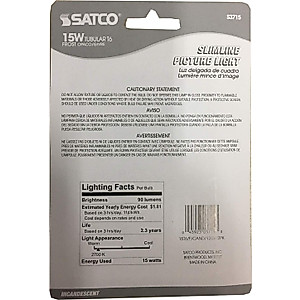 Satco S3715 Tubular Shaped Incandescent Light Bulb (Pack of 2), Frosted Finish, 15 Watts, 120 Volts, 90 Initial Lumens, T6 Lamp Shape, Tubular Lamp, Candelabra Base, E12 ANSI Base, 360 Beam Spread