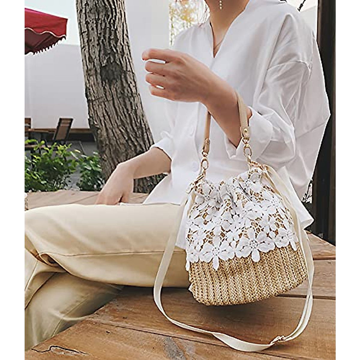 Straw Bags for Women Hand-woven Bucket Straw Bag Small Straw Tote Summer Beach bag