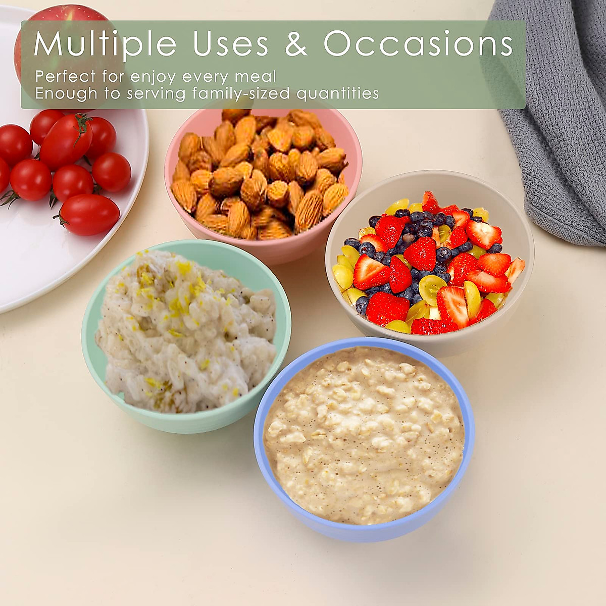 AlwaysU 12 oz Small Bowls Set of 4 Cereal Dessert Snack Bowl 4.6 inch Small Prep Serving Bowl for Rice, Side Dishes, Condiment, Dipping, Lightweight Wheat Straw