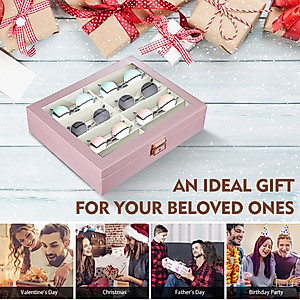 BLIENCE Sunglasses Organizer for Women, 8 Slot PU Leather Sunglasses Storage Case, Sweet Pink Eyeglasses Eyewear Display Case, Jewelry, Watch, Sunglasses Glasses Collector Box,Lockable and Clear Top