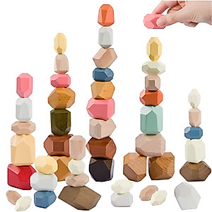 48 Pcs Wooden Stacking Stones- Building Sorting Rocks Balancing Wooden Blocks Preschool Educational Learning Toy for Kids Toddlers 3 4 5 6 Years Old