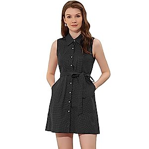 Allegra K Polka Dots Sleeveless Dress for Women's Belted Shirtdress Vintage Button Down Dress Small Black