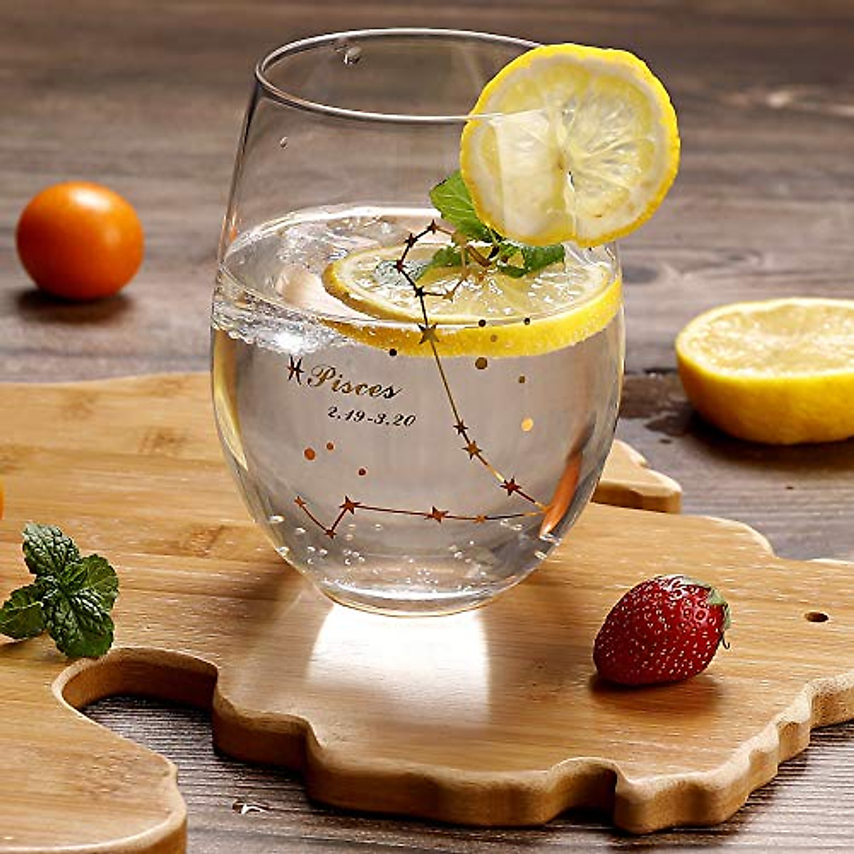 Pisces Wine Glass Pisces Gift 20oz Golden, Stemless Wine Glasses, Constellation Glass Define Design, Horoscope Gift, Astrology Gift for Women Men