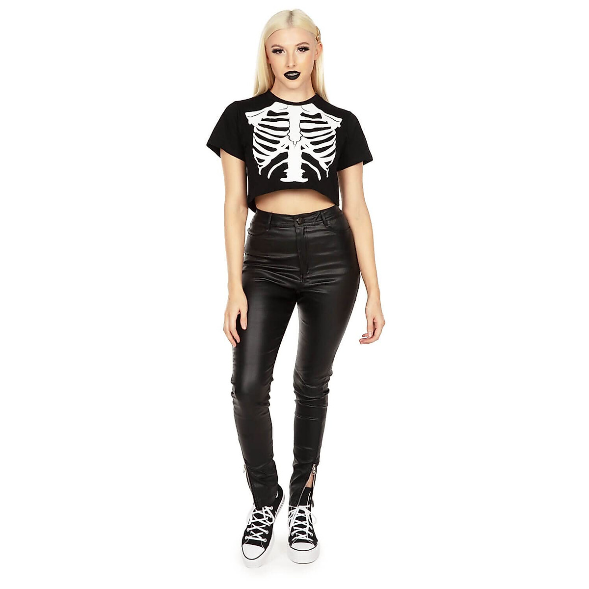 Tipsy Elves Halloween Women’s Skeleton Costume Shirt - Cute and Spooky Adult Womens Skeleton Shirts - Front Printed Ribcage and Bones Black Crop Top Size Medium
