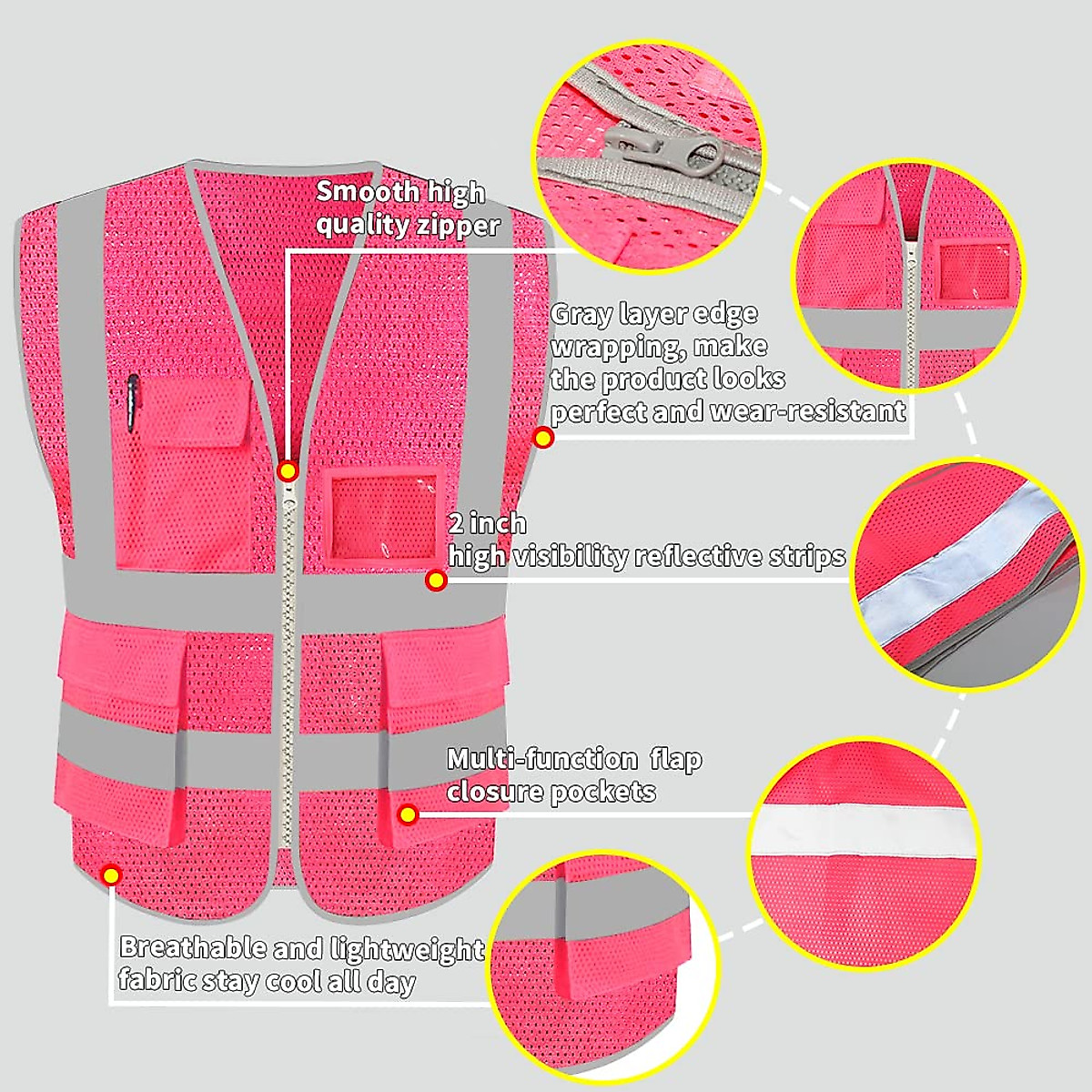 HYCOPROT High Visibility Mesh Safety Reflective Vest with Pockets and Zipper, Meets ANSI/ISEA Standards (Small, Pink)