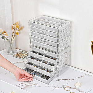ProCase Earring Holder Organizer Jewelry Box with 10 Drawers, Acrylic Clear Earring Case with Adjustable Velvet Trays for Women - Grey, 10 Layers