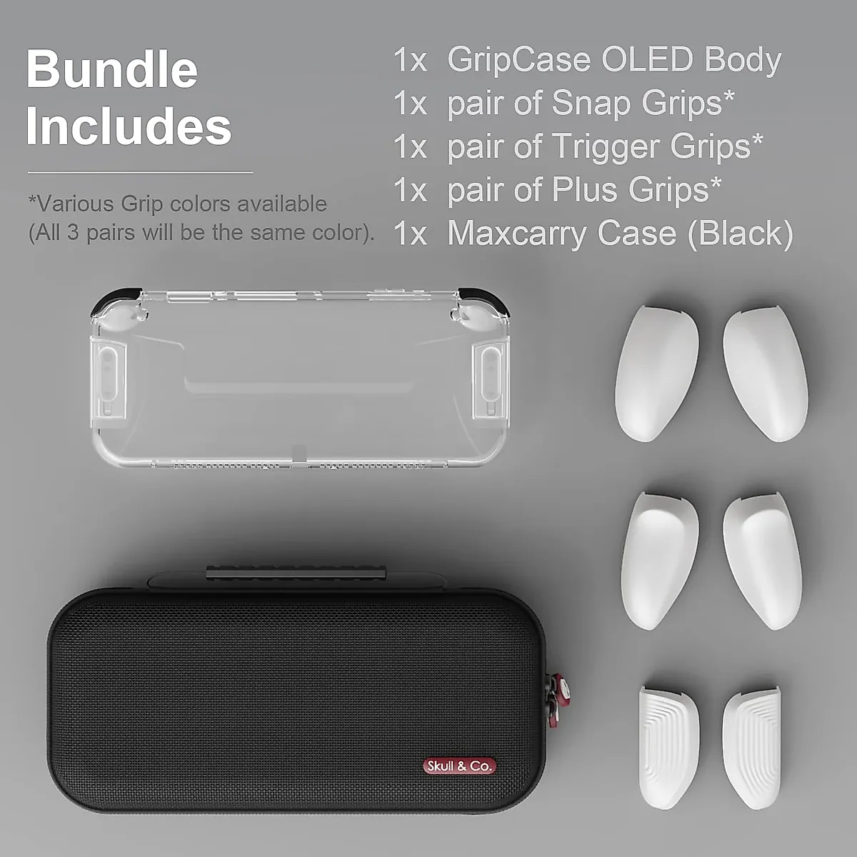 Skull & Co. GripCase OLED Bundle: A Dockable Transparent Protective Case with Replaceable Grips [to fit All Hands Sizes] for Nintendo Switch OLED Model- Neon Blue (L) Neon Red (R)