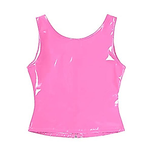 Oyolan Sexy Women PVC Leather Wet Look Zipper Open Crop Tank Tops Latex Moto Biker Punk Tops Blouse Pink Small