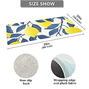 Fluffy Floor Carpet-Tropical Blue Leaf Yellow Lemons，39x20in Front Door Mat Indoor Machine Washable Carpet,Aesthetic Rug