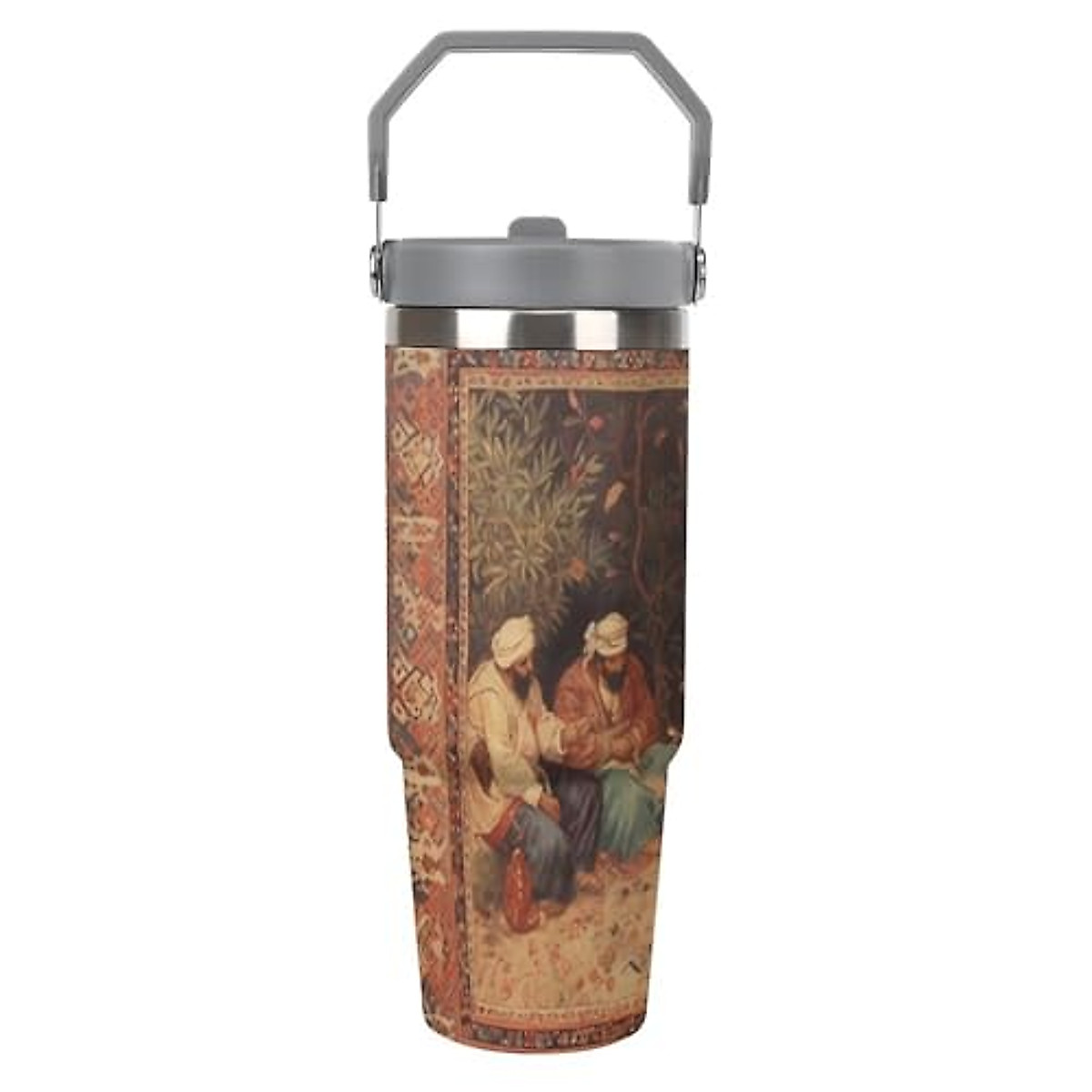 RTFGHJS Antique Orientalist Art 30 Oz Tumbler with Handle And Flip Straw, Stainless Steel Vacuum Insulated Travel Mug, Thermal Cup for Coffee, Water, Iced Drinks, Fits Car Cup Holders (Home, Sports)