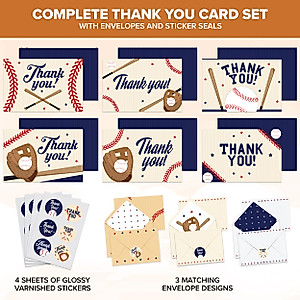 Decorably Baseball Thank You Cards, 24pcs Greeting Card with 6 Designs, Blank Inside, 6x4 inch, Matching Envelopes & Stickers, Perfect for Birthday, Coach, Father's Day, Kid Thank You Cards