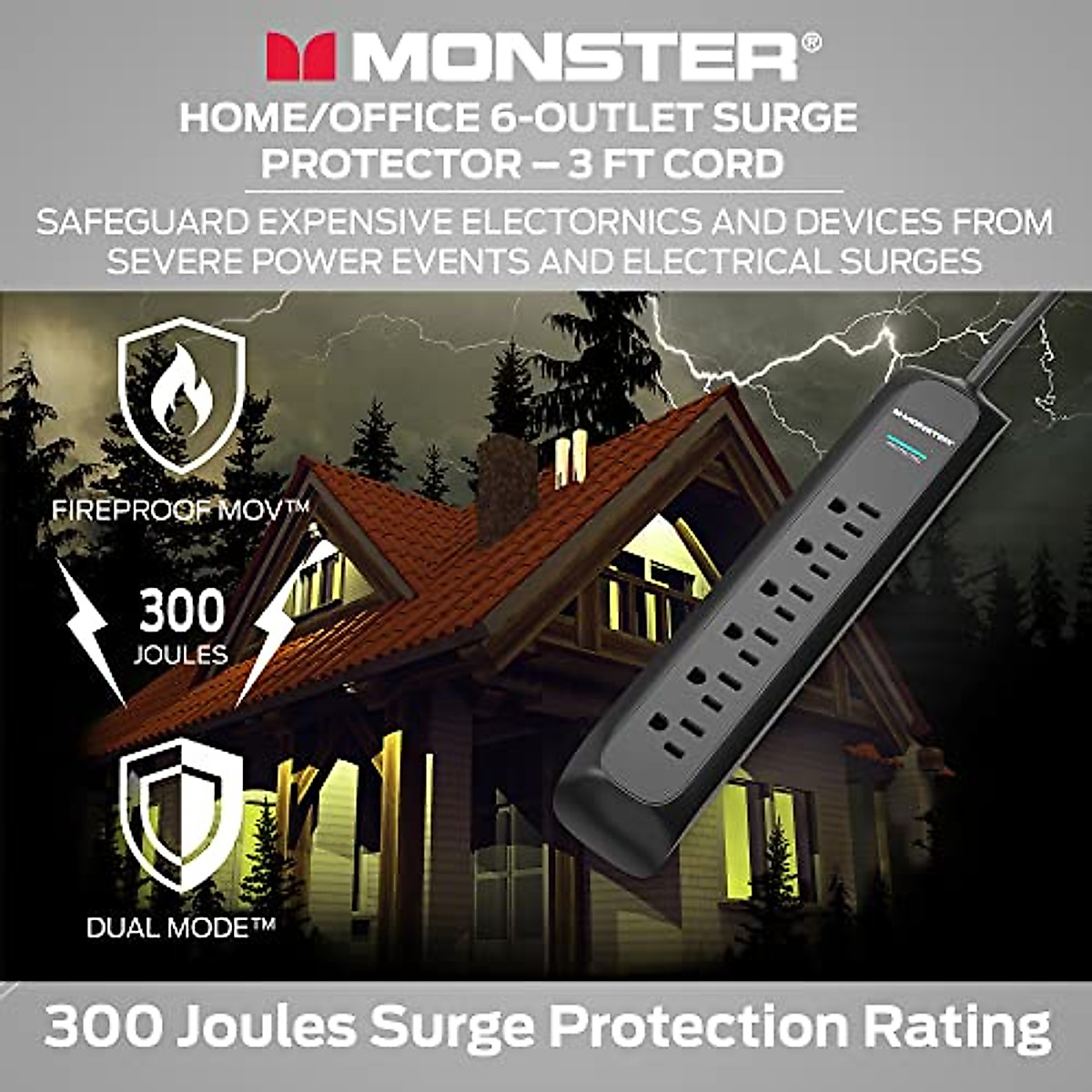 Monster 3ft Black Power Strip and Tower Surge Protector, Heavy Duty Protection, 300 Joule Rating and 6 120V-Outlets - Ideal for Computers, Home Theatre, Home Appliances, and Office Equipment
