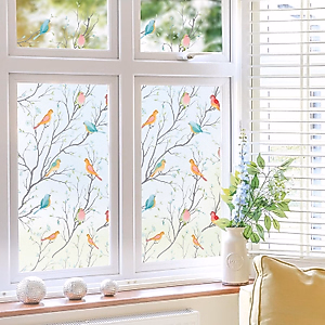 Coavas Window Privacy Film Decorative Bird Stained Glass Window Film Bathroom Frosted Glass Window Cling Privacy Film Heat Blocking Static Cling Day and Night Home Door Window Coverings 17.5" x 78.7"