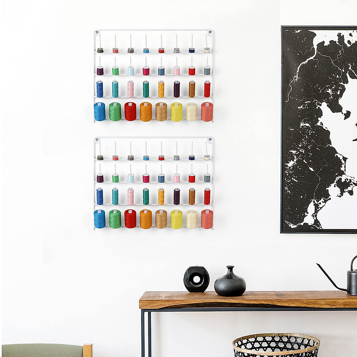 4 Pack Sewing & Embroidery Thread Rack Wall-Mounted Thread Holder Metal Sewing Organizer with Hanging Tools, Large Thread Organizer, 32-Spool